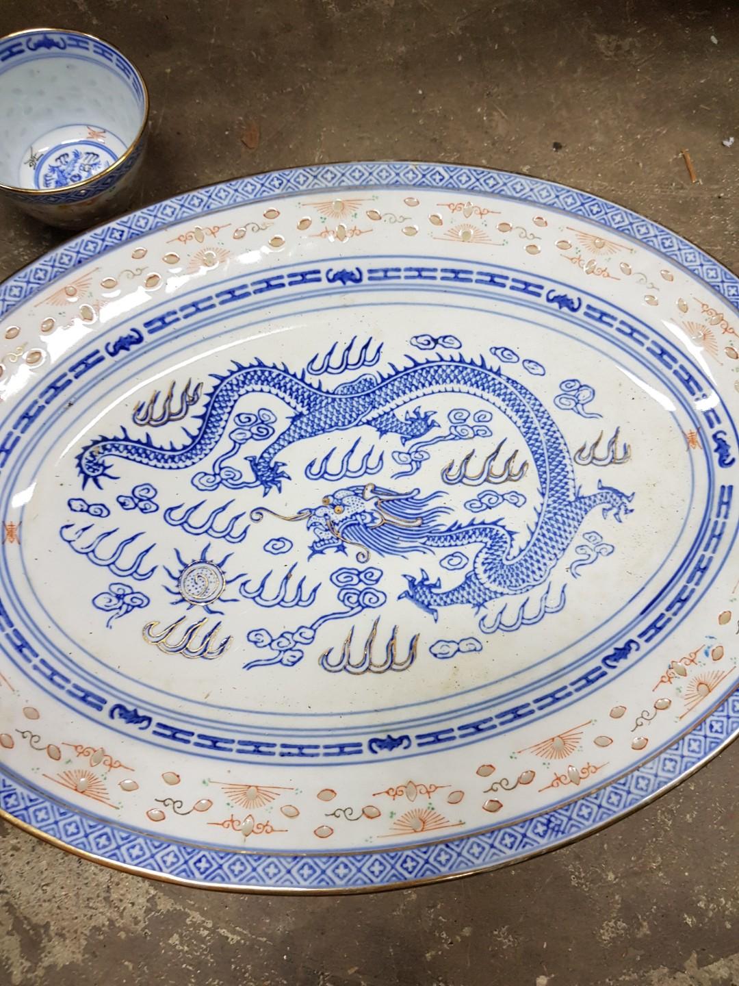 Dragon design porcelain plate/platter & teacup, Furniture & Home Living ...
