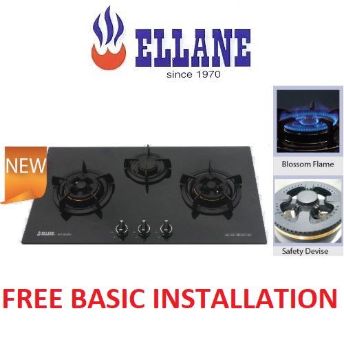 ELLANE WG-830SV 87CM 3 BURNER GLASS GAS HOB WITH SAFETY DEVICE ...