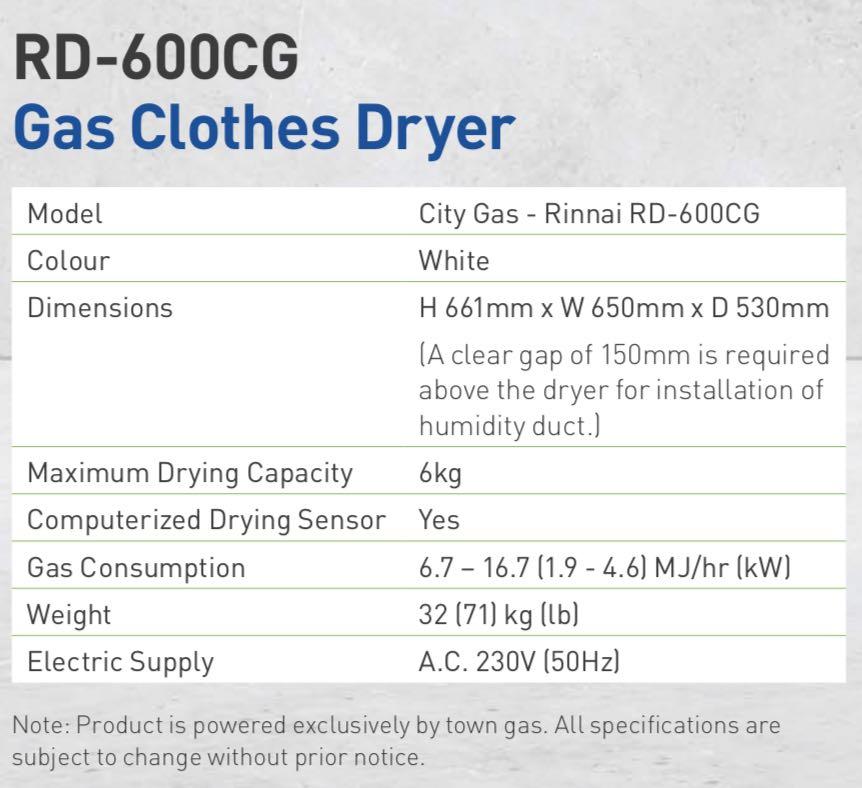 Rinnai RD-600CG Gas Dryer + Stand, TV & Home Appliances, Washing ...