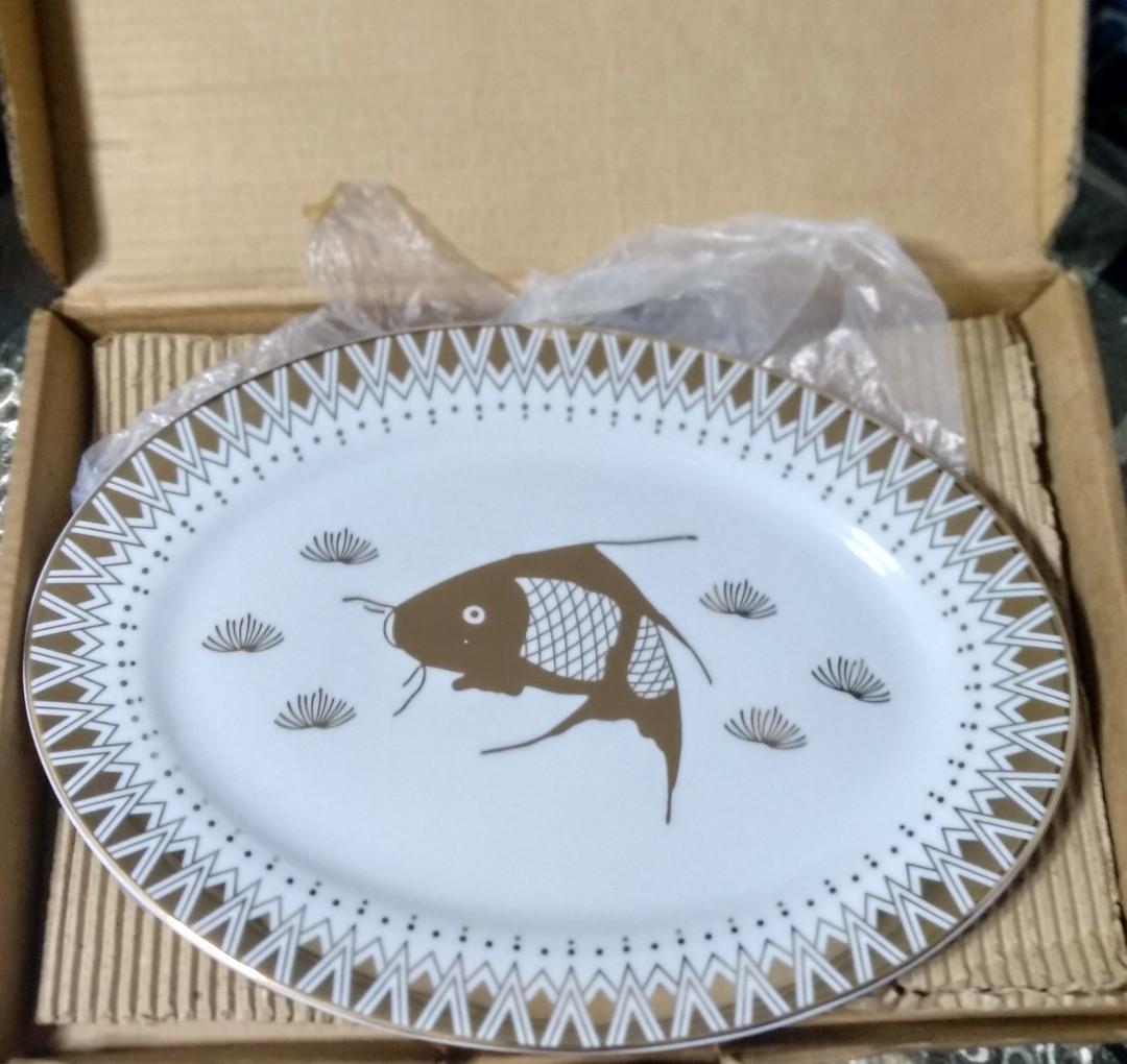 Vintage, Japanese, Two Tone, White Porcelain and Gold Layered Koi Plate ...