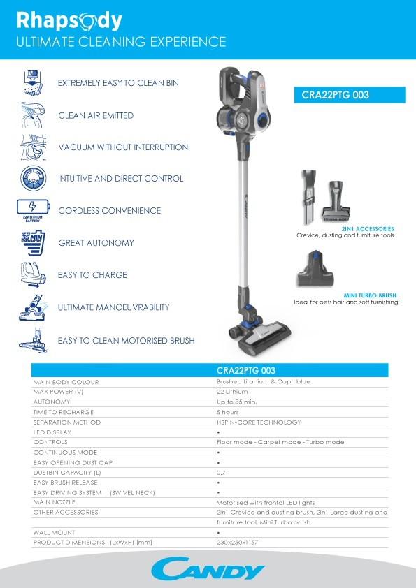 Candy Rhapsody Vacuum Cleaner (CRA22PTG 003) Capri Blue, TV & Home ...