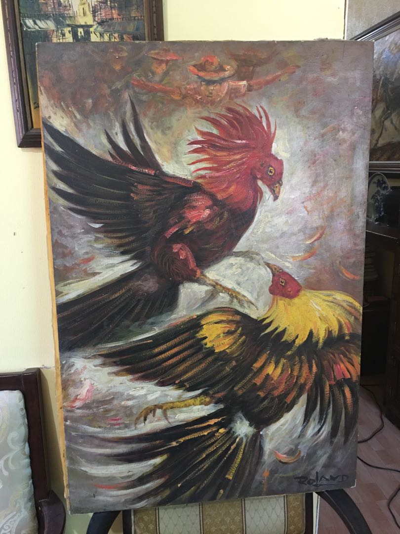 Traditional SABONG Oil painting on canvas signed ROLAND, Hobbies & Toys ...