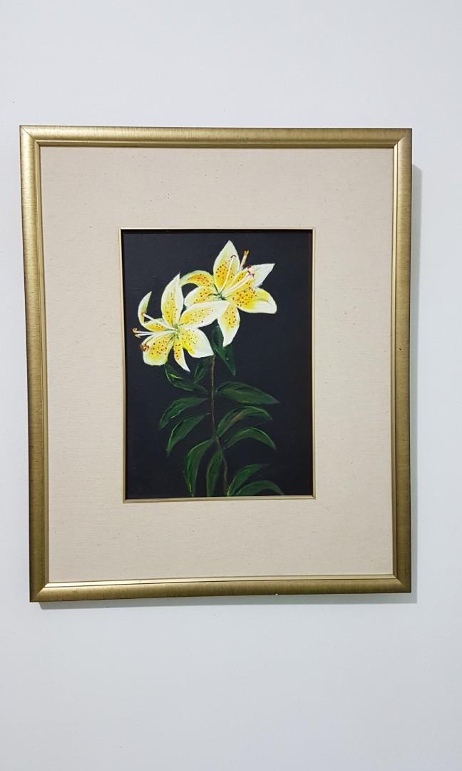 Lukisan hand painting Bunga lily dengan bingkai emas, Desain ...