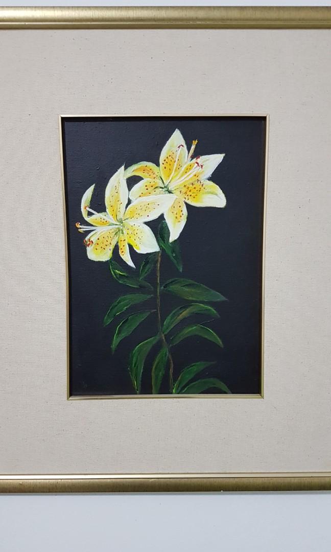Lukisan hand painting Bunga lily dengan bingkai emas, Desain ...