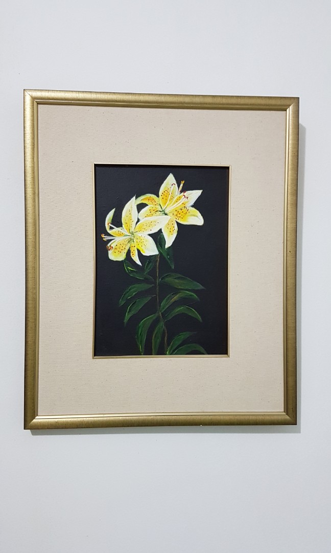 Lukisan hand painting Bunga lily dengan bingkai emas, Desain ...