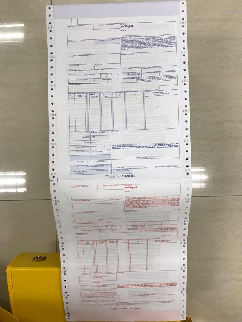 International Air Waybill form, 9 copies continuous feed paper ...