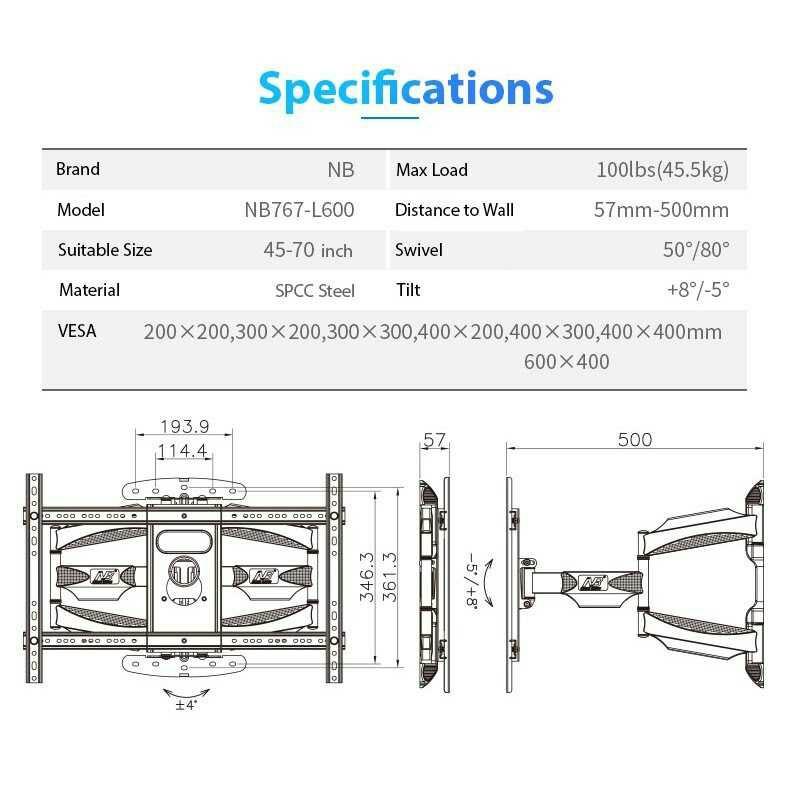 North Bayou Nb 767-L600 45"-70" 6Armed SPCC Steel Full Motion Tv Bracket (certified by TUV and ...