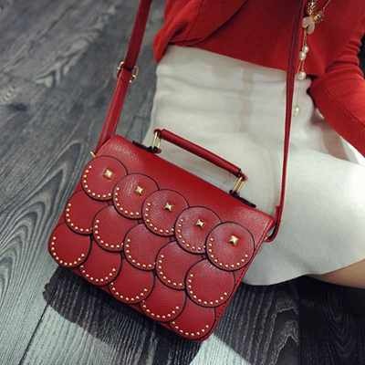 Women Small Shoulder Bag PU Leather Rivet Round Panel Flap Front ...