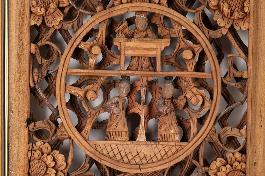 Antique Chinese Openwork Carving Wood Panel with Phoenixes & Flowers ...