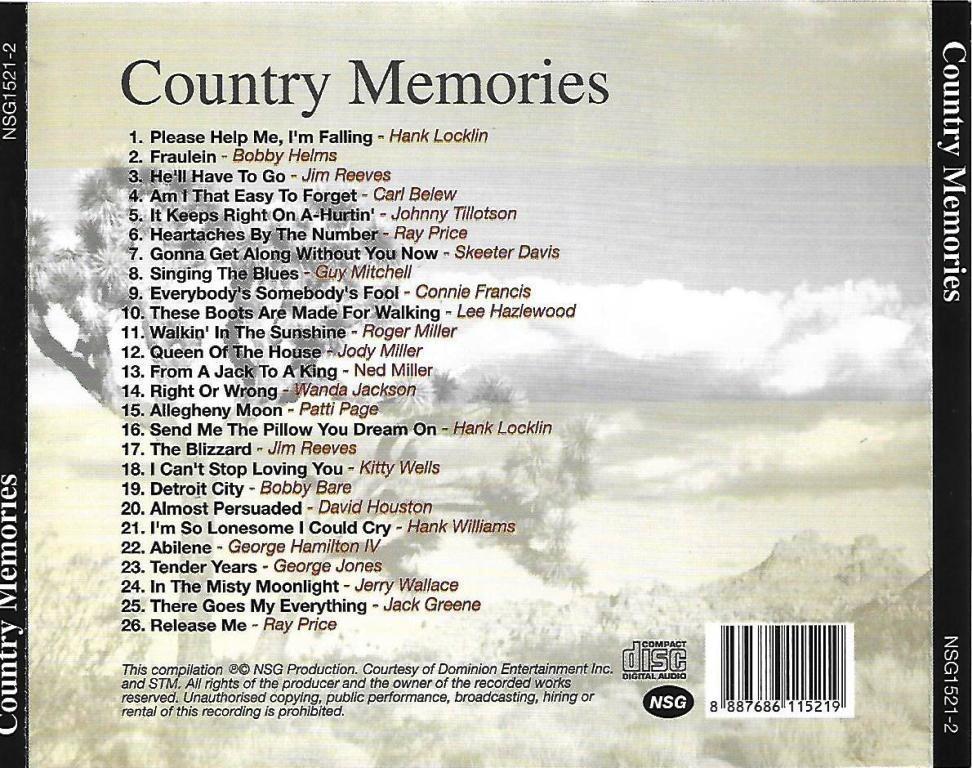 Country Classic CD - Country Memories Featuring Hank Locklin, Bobby ...