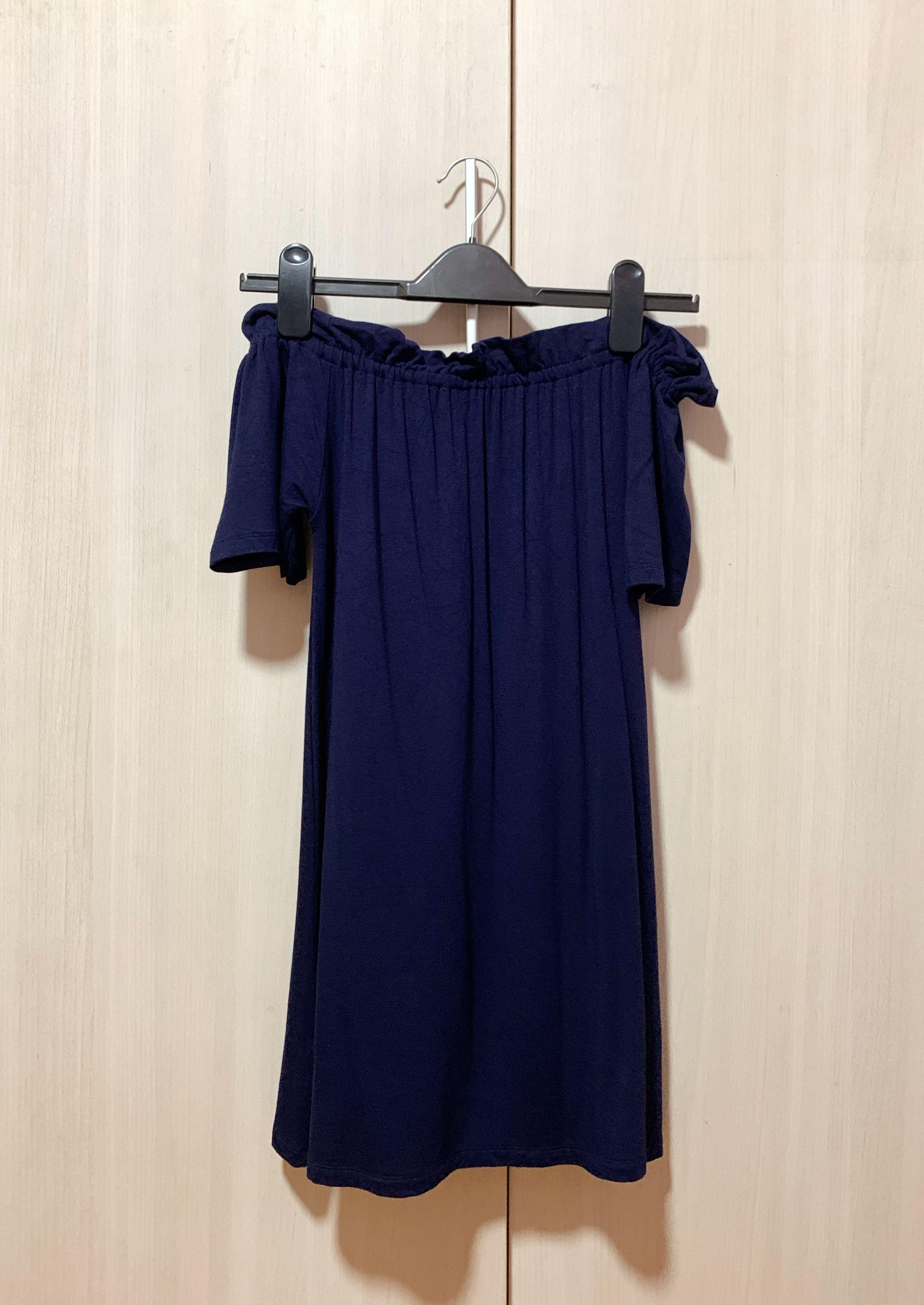 Topazette Scrunch Off Shoulder Dress in Navy, Women's Fashion, Tops ...