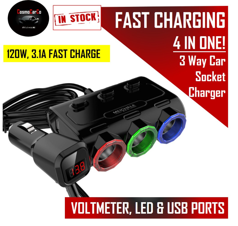 2.1A Car Interior Quality Hardy Material 3 Way Socket Charger Splitter ...