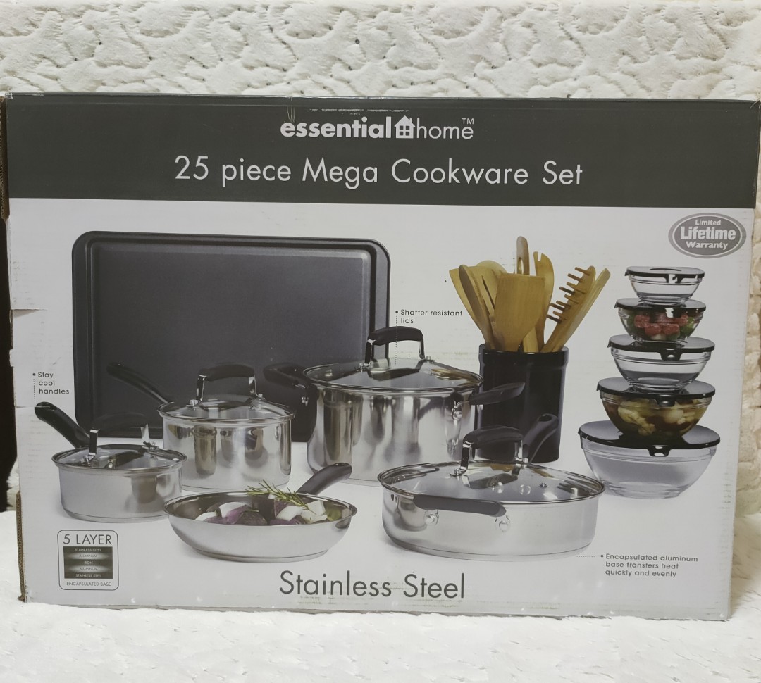 Essential Home 25pc Mega Cookware Set Stainless Steel, Furniture & Home ...