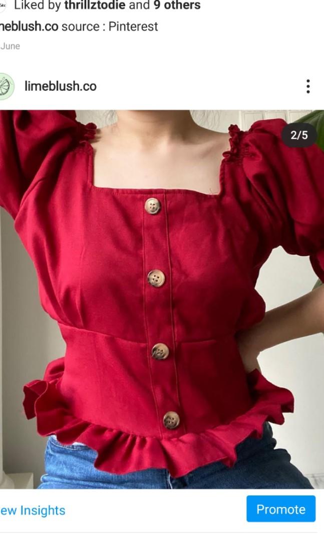 Red Sabrina puff mesh Top merah bata model korea korean style casual ...