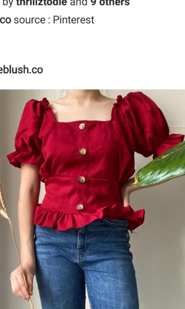 Red Sabrina puff mesh Top merah bata model korea korean style casual ...