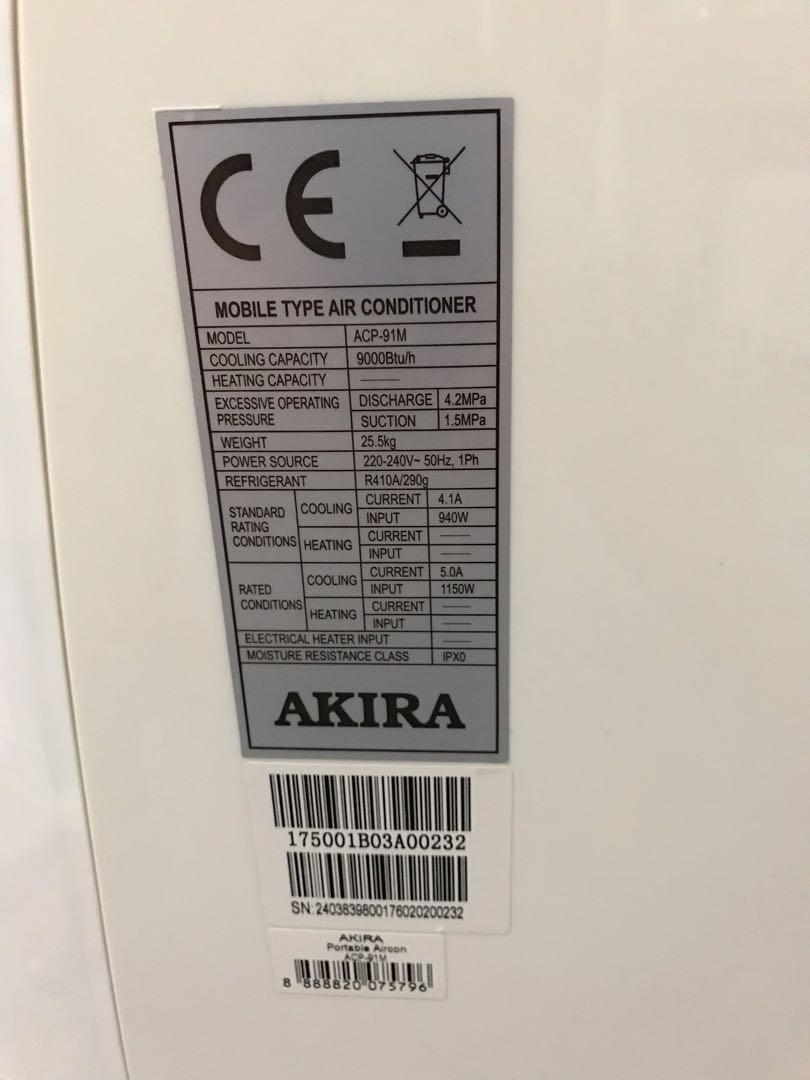 Akira 9,000 BTU Portable Aircon ACP-91M, TV & Home Appliances, Air ...