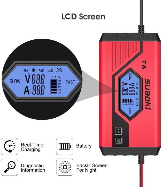 SUAOKI ICS7+ 12V Battery Charger/Maintainer (7A Fast / 3.5A Slow) Fully ...