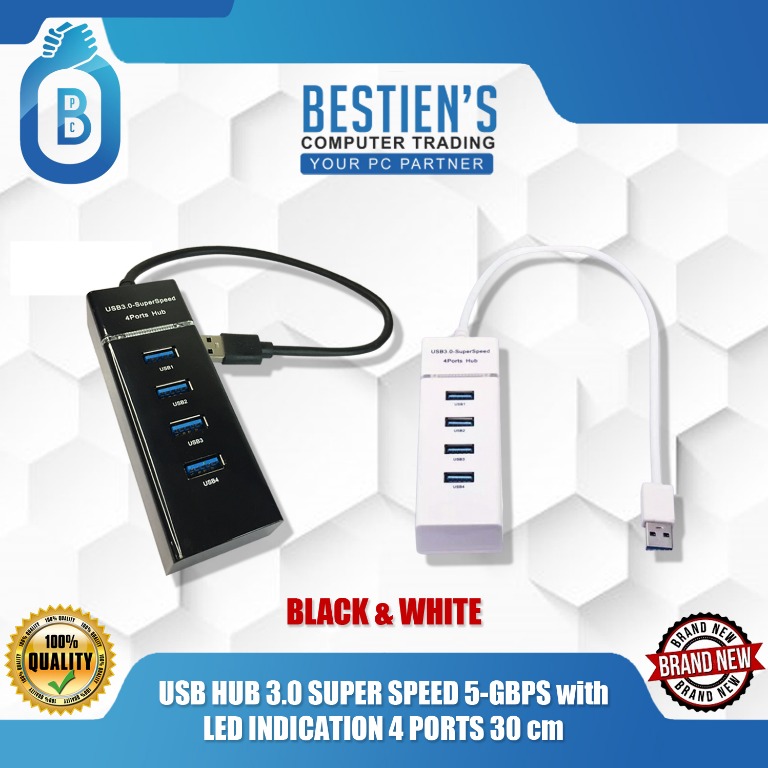 USB HUB 3.0 SUPER SPEED 5-GBPS with LED INDICATION 4 PORTS 30 cm BLACK ...