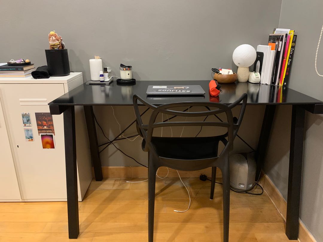 Black minimalistic metal study table with chair, Furniture & Home ...