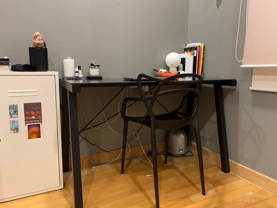 Black minimalistic metal study table with chair, Furniture & Home ...