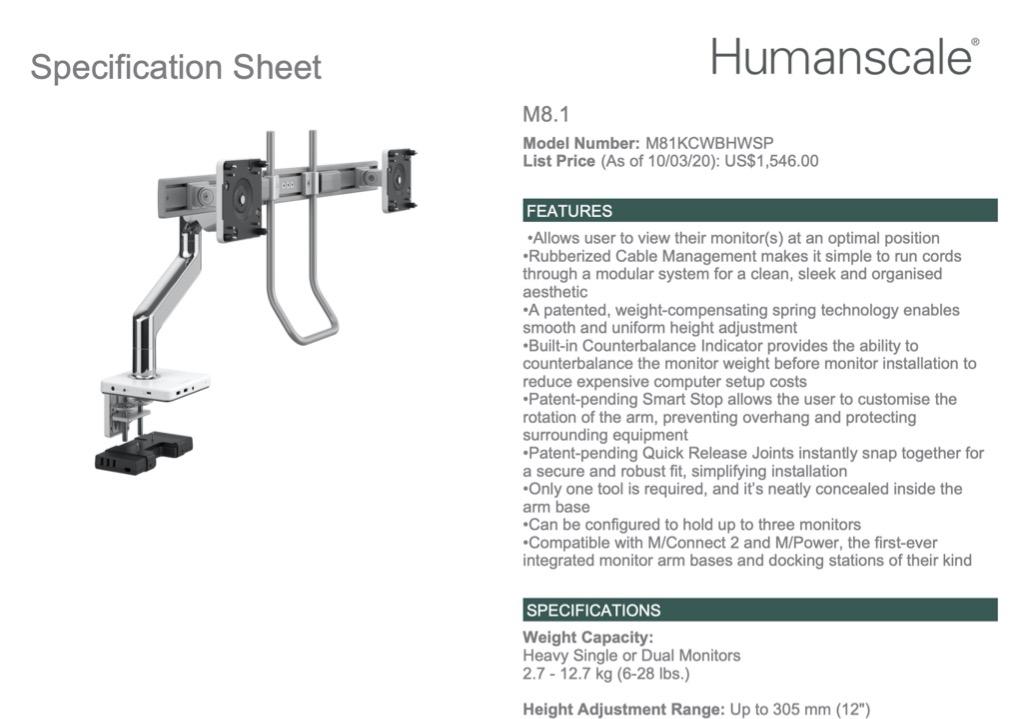 Humanscale M8 Dual Monitor Arm with M/Connect 2, Electronics, Computer ...