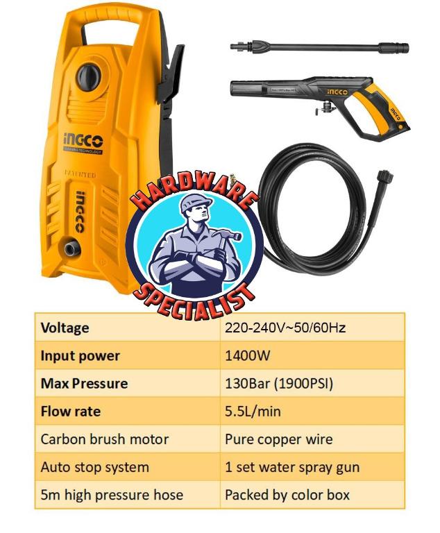 Ingco HPWR14008 1400W High Pressure Washer / 130 Bar, Furniture & Home Living, Gardening, Hose ...