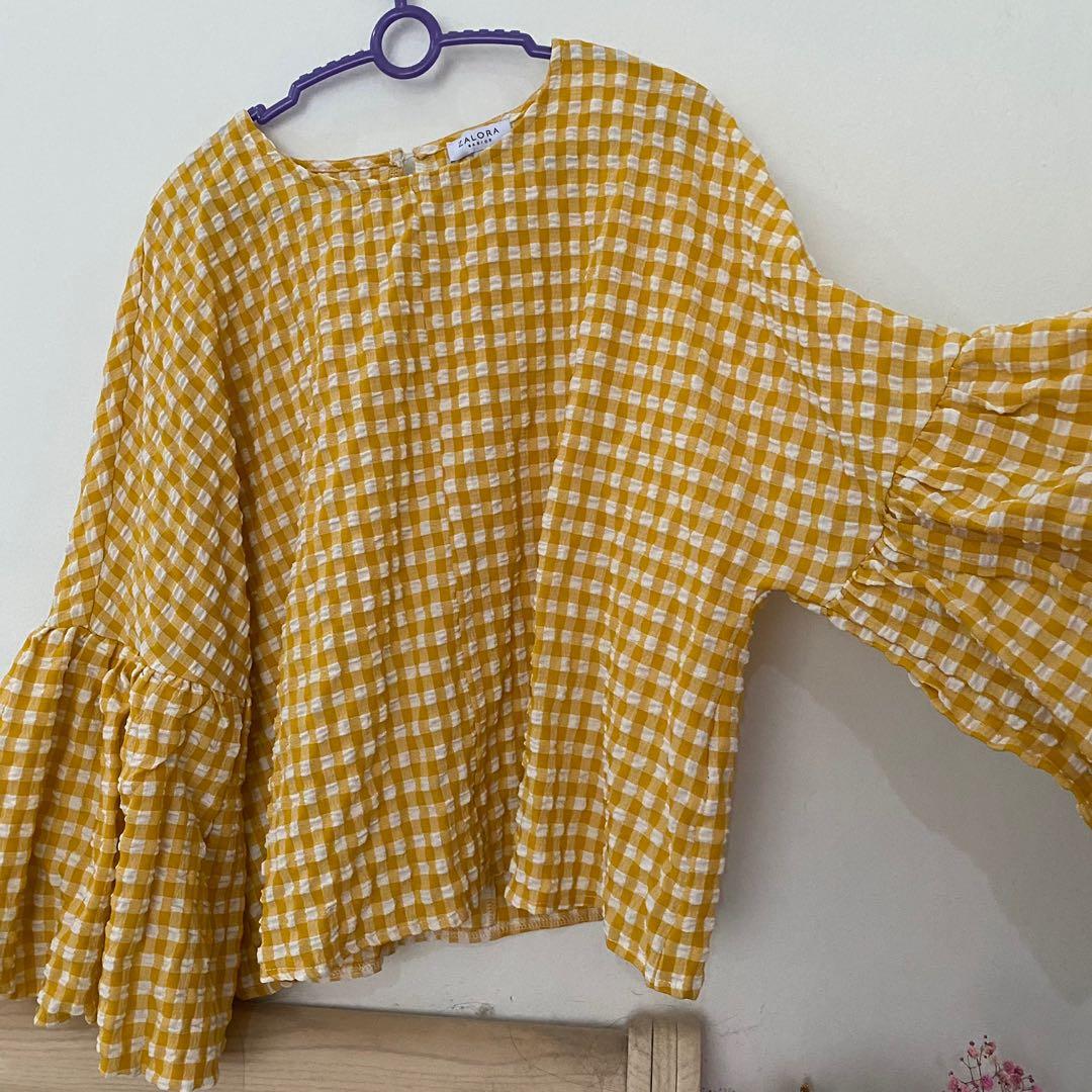 Yellow Gingham Top, Women's Fashion, Tops, Blouses on Carousell