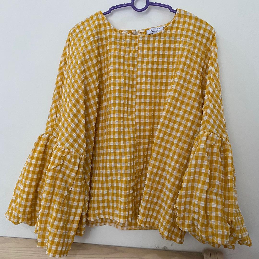 Yellow Gingham Top, Women's Fashion, Tops, Blouses on Carousell