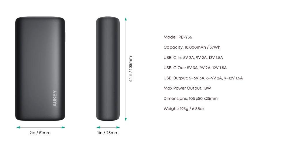 Aukey PB-Y36 Sprint Go 10000mAh 18W PD Power Bank, Mobile Phones ...