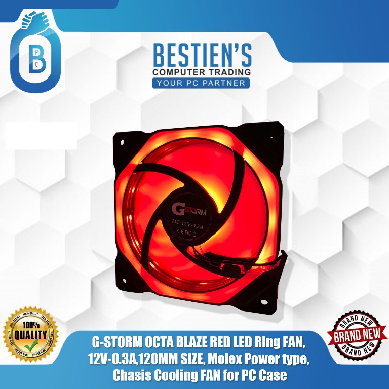 G-STORM OCTA BLAZE RED LED Ring FAN, 12V-0.3A, 120MM SIZE, Molex Power ...