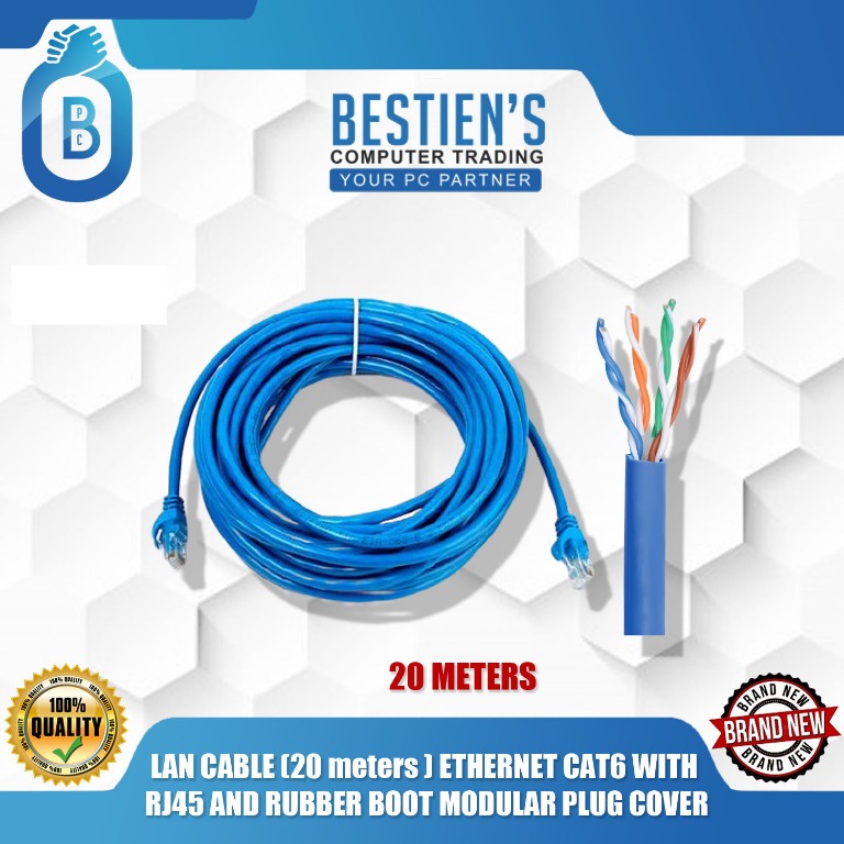 LAN CABLE ( 20 meters) ETHERNET CAT6 WITH RJ45 AND RUBBER BOOT MODULAR ...