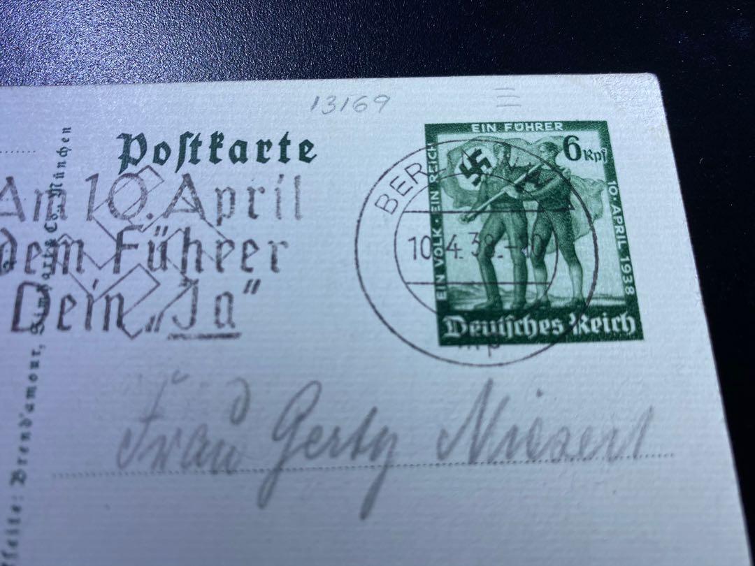 Vintage ~ 1938 WWII EIN VOLK EIN REICH EIN FUHRER HITLER STAMP POSTCARD ...