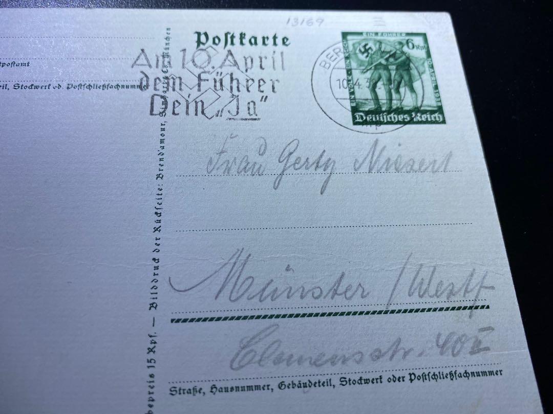 Vintage ~ 1938 WWII EIN VOLK EIN REICH EIN FUHRER HITLER STAMP POSTCARD ...