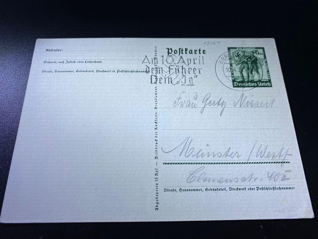Vintage ~ 1938 WWII EIN VOLK EIN REICH EIN FUHRER HITLER STAMP POSTCARD ...