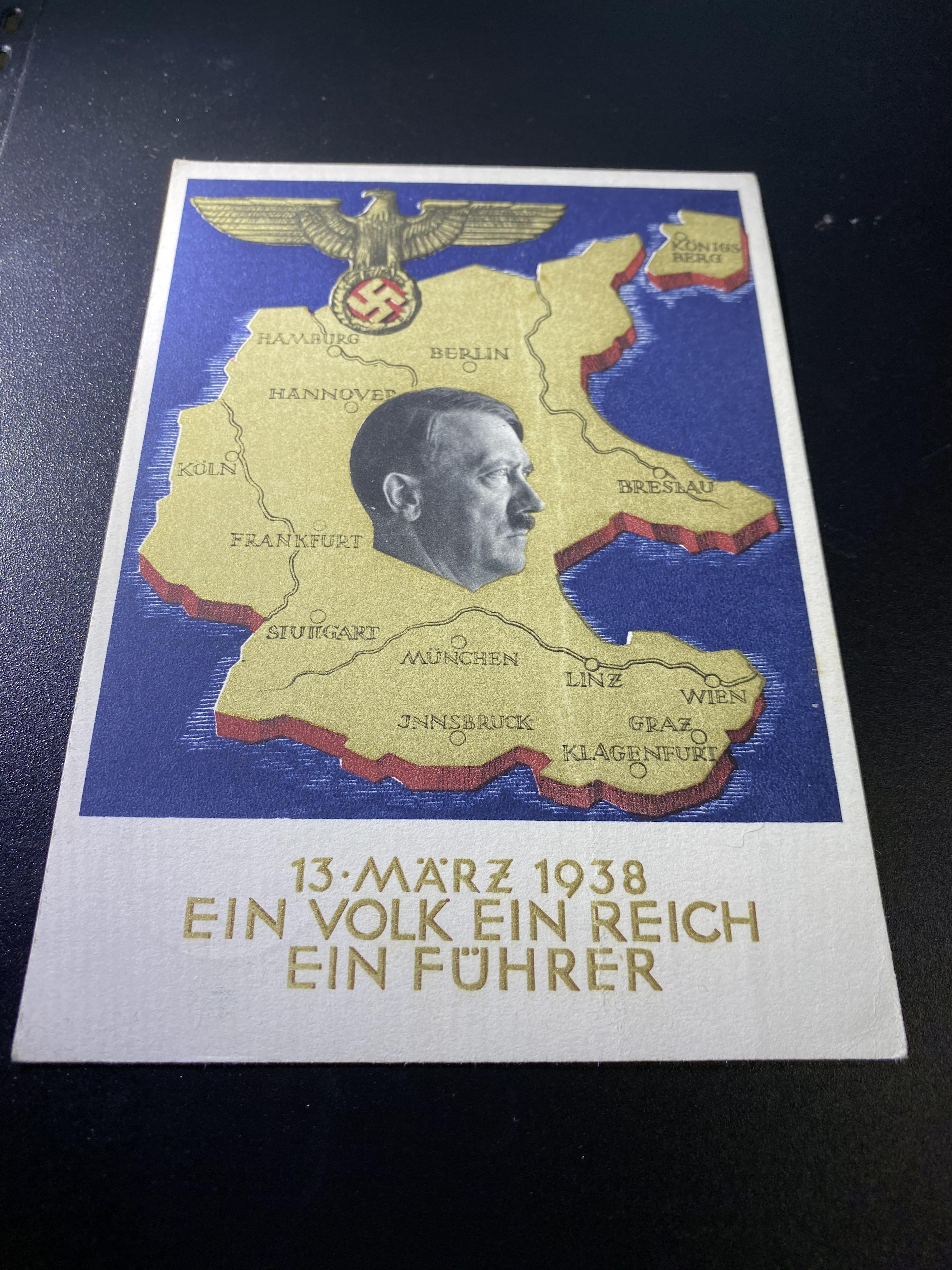 Vintage ~ 1938 WWII EIN VOLK EIN REICH EIN FUHRER HITLER STAMP POSTCARD ...