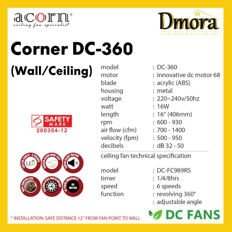 Acorn DC-360 Wall/Corner Mounted DC Fan, Home Appliances, Cooling & Air ...
