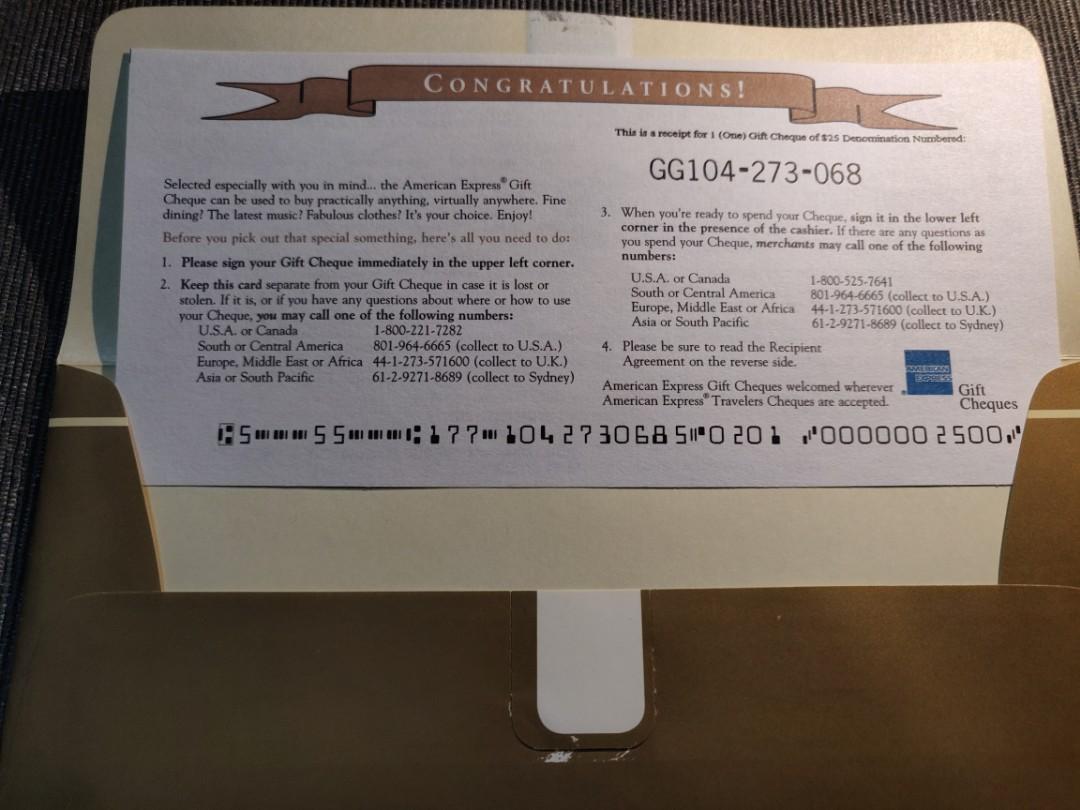 AMEX Gift Cheque USD 25 (Limited Edition), Hobbies & Toys, Memorabilia ...