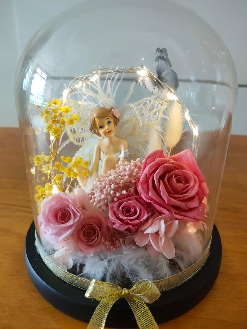 Preserved rose(pink) glass dome with light, Hobbies & Toys, Stationery ...