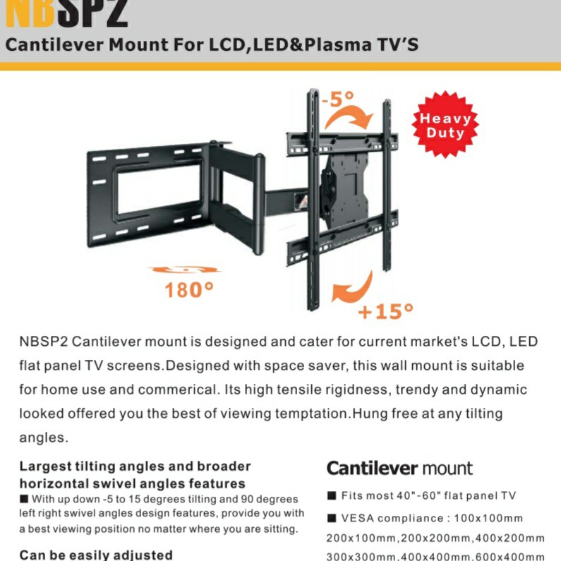 68kg Load 180deg Swivel Heavy Duty TV Bracket Cantilever Mount - NBSP2 North Bayou, TV & Home ...