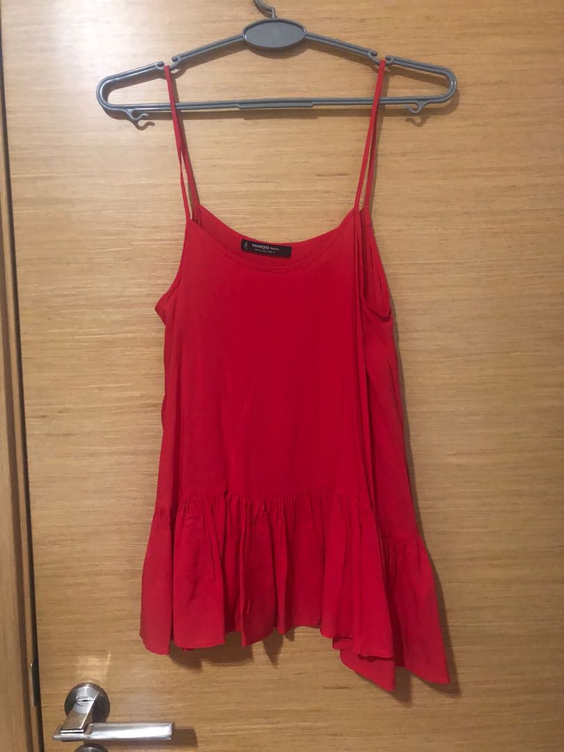 Mango fluttered hem red top, Women's Fashion, Tops, Sleeveless on Carousell