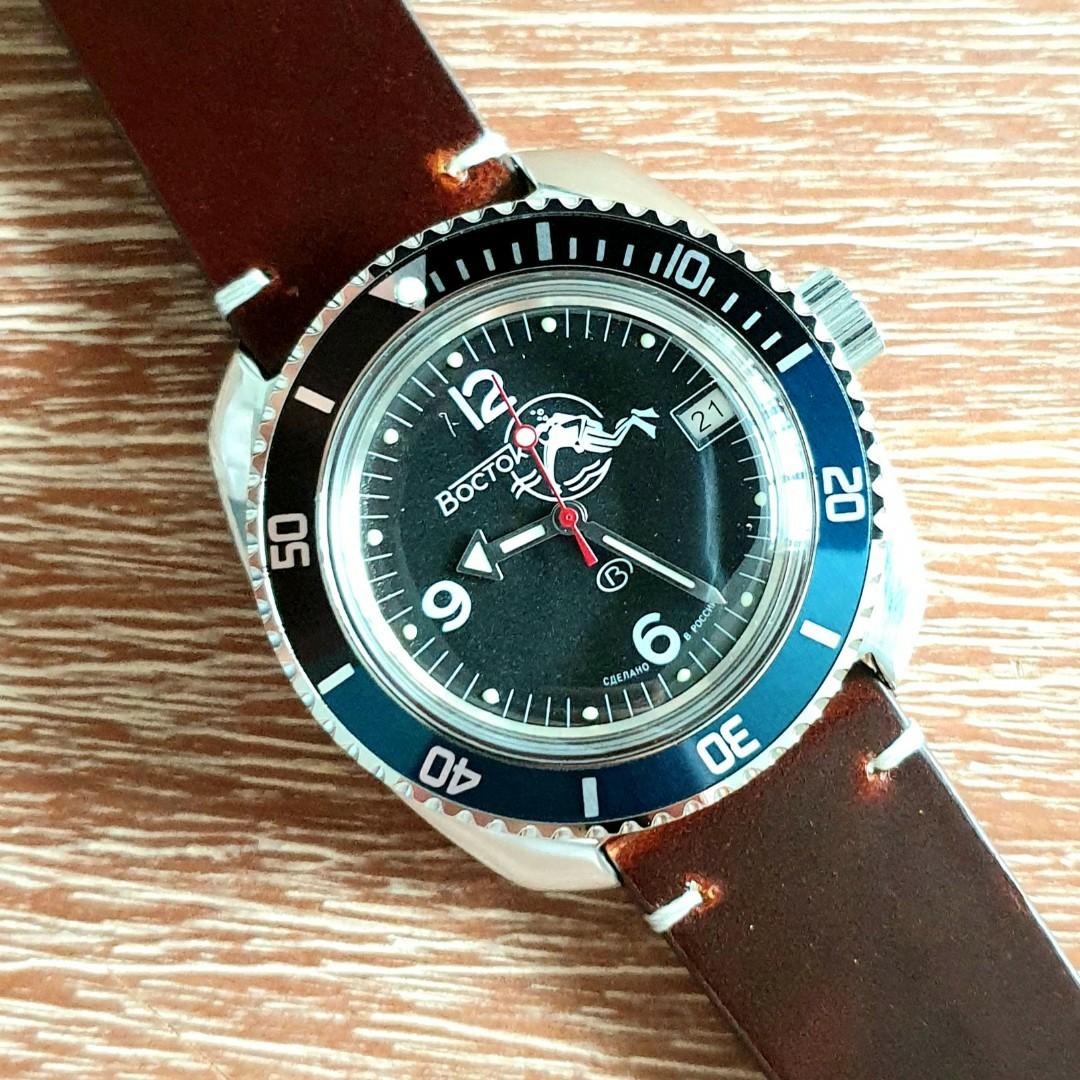 Vostok Amphibia Scuba Dude Automatic Dive Watch with upgraded leather ...