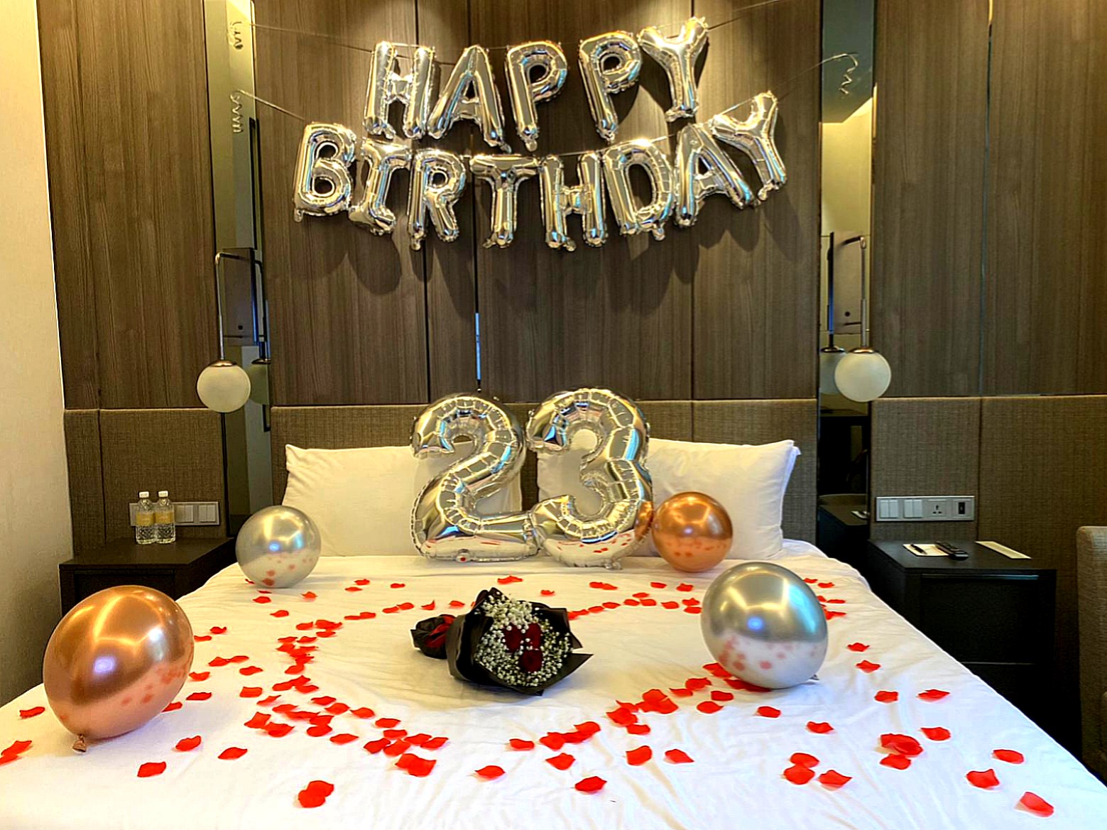 Hotel Birthday Setup Party Gold Black Helium Balloons Surprise setup ...