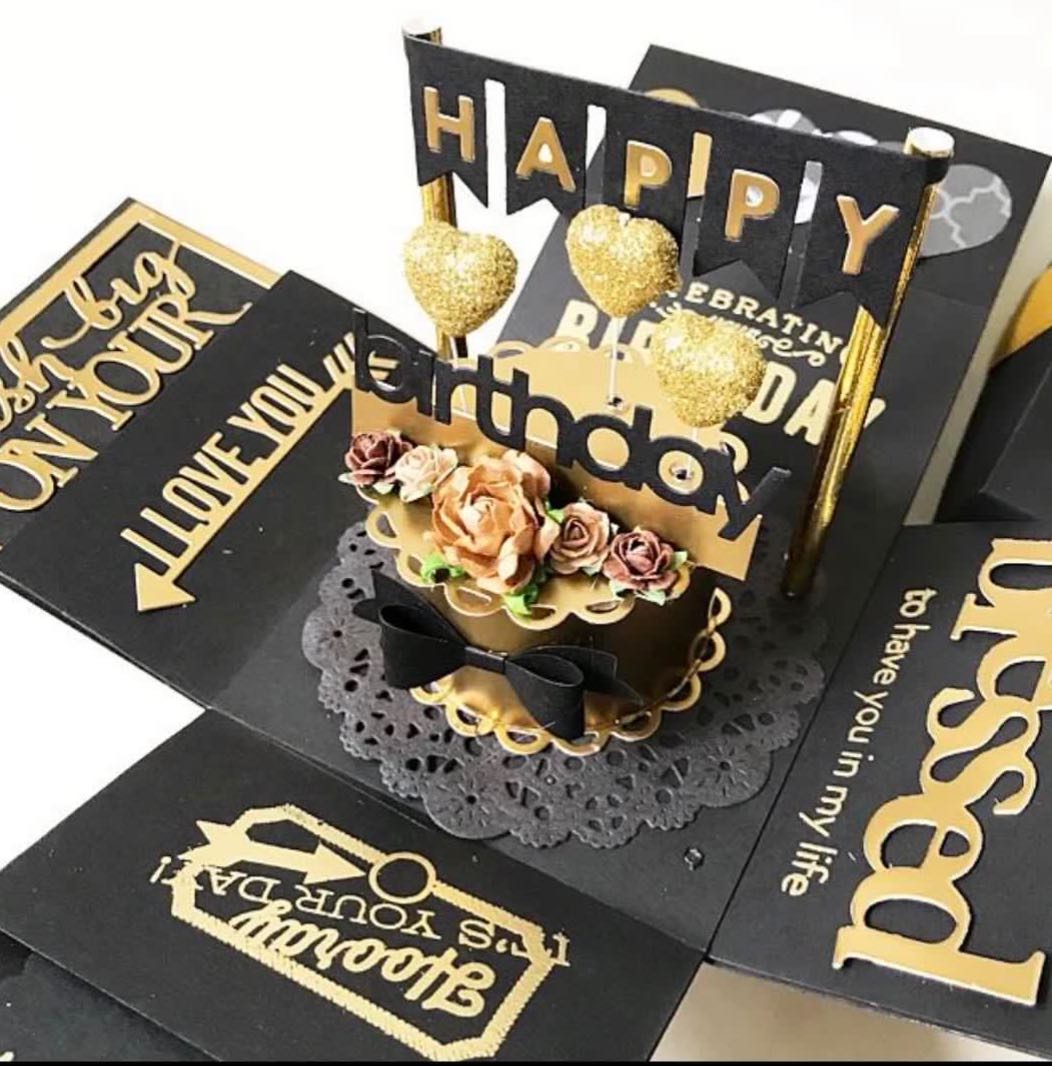 Happy birthday explosion black and gold handmade surprise card, Hobbies ...