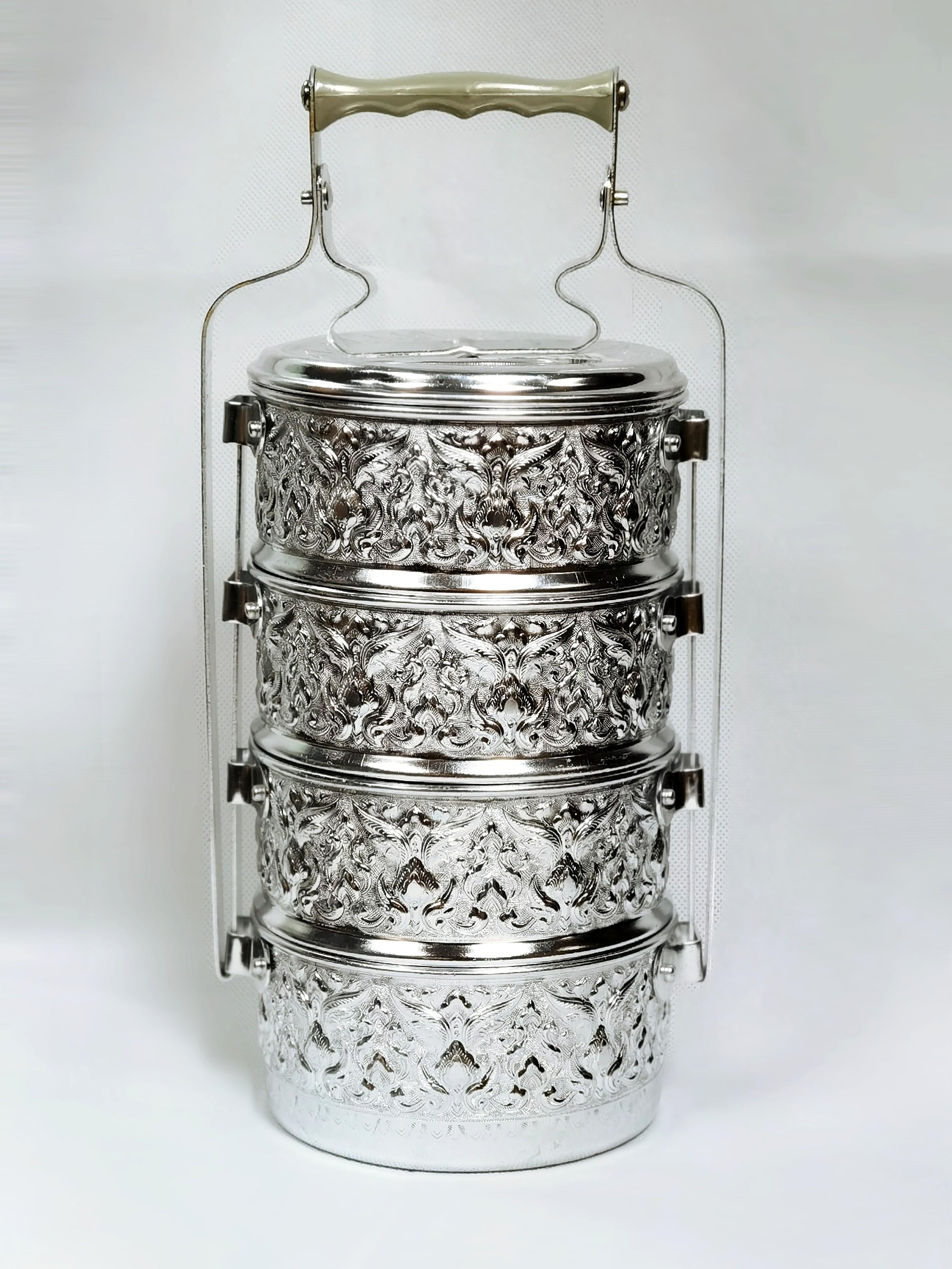 Thai Aluminium Container Silver Pinto 4 Stack Lunch Box Tiffin ...