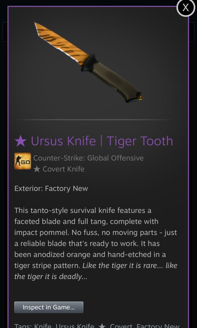 CSGO Ursus Knife Tiger Tooth Factory New, Toys & Games, Video Gaming ...