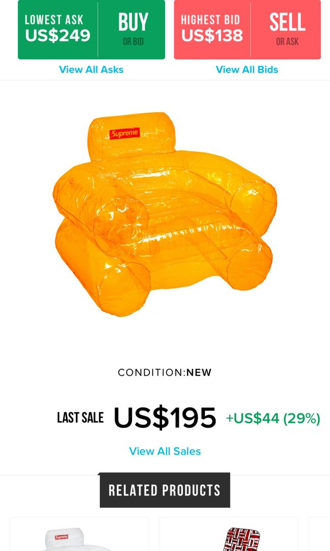 Supreme FW18 Inflatable Chair Amber, Furniture & Home Living, Furniture ...