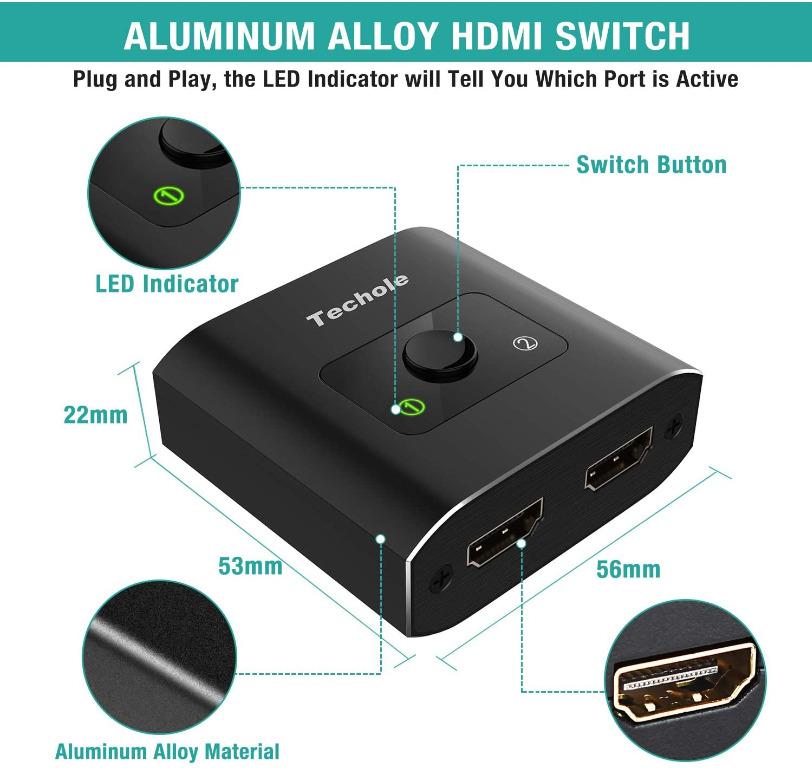 HDMI Splitter, Techole Aluminum HDMI Switch Bi-direction 1 In 2 Out or 2 Input to 1 Output ...