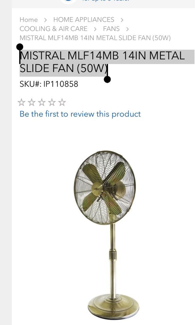 MISTRAL MLF14MB 14IN METAL SLIDE FAN (50W), Furniture & Home Living ...