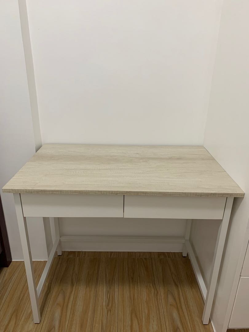 White & Maple Light Wood Study Table Office Desk with 2 Drawers ...