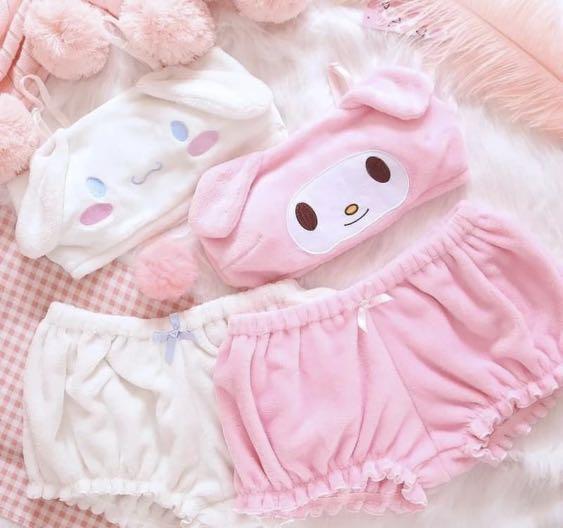 INSTOCK my melody cinnamoroll white fluffy furry pink pyjames lingerie ...